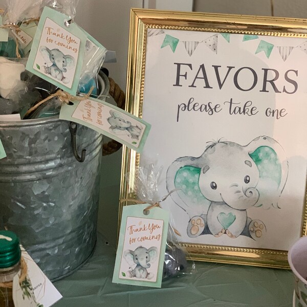 Mint Elephant Favor Tags, PRINTABLE, Mint Green, Cute Elephant Tags ...
