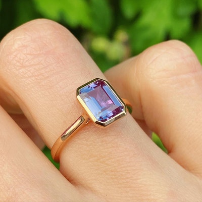 Color Changing Gemstone Ring, 6x8mm Emerald Cut Alexandrite Wedding ...