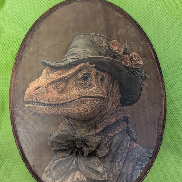 Miss T Rex Dinosaur Victorian Wood Portrait - Vintage Style ...