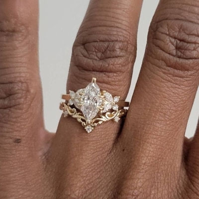 Cottagecore Vine Leaf Heart Cut Morganite Engagement Ring Set, Natural ...