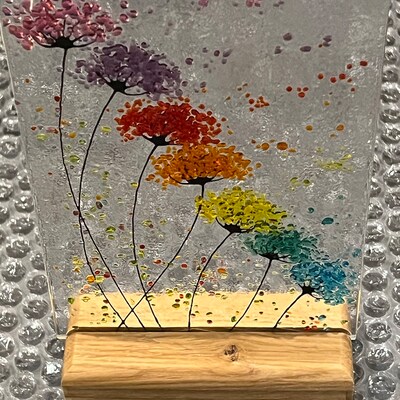 Whimsical Bright Rainbow Flowers Fused Glass Art Picture Sun Catcher & Wooden Display Stand ...