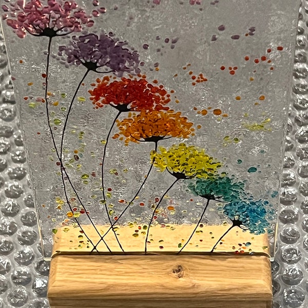 Whimsical Bright Rainbow Flowers Fused Glass Art Picture Sun Catcher & Wooden Display Stand - Etsy