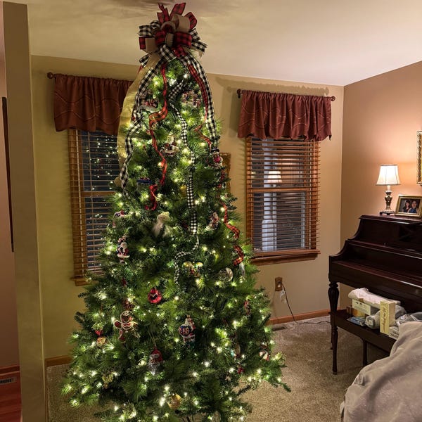 Rustic Christmas Tree Bow, 6ft Long Tails, Farmhouse Bow, Plaid Tree ...