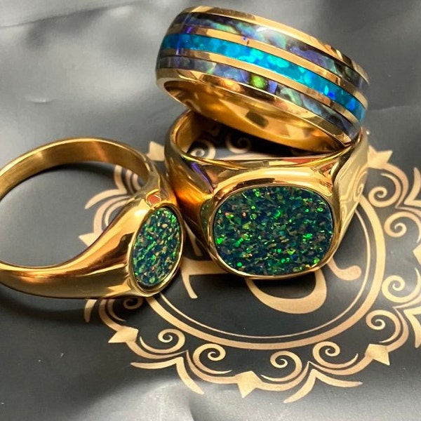 Mens Ring - 18K Gold Fire Opal Band Ring - Men's Gold Steel Ring - Mens ...