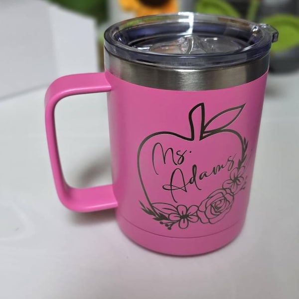 Personalized Teacher Coffee Mug, Travel Mug, Floral Apple With Teacher ...
