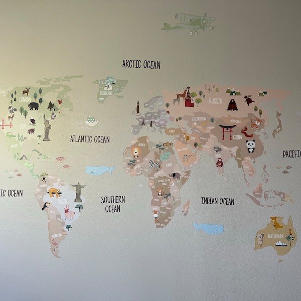 Country Names Colorful World Map Sticker, Animal World Map Decal, Peel ...