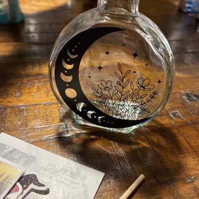 Moon Phase & Floral Glass Bottle With Cork Full Moon Dark Moon Moon ...