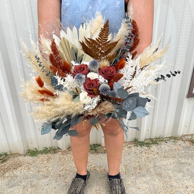 Rust and Dusty Blue Bouquet/ Bride and Bridesmaids/ Dried Flower ...