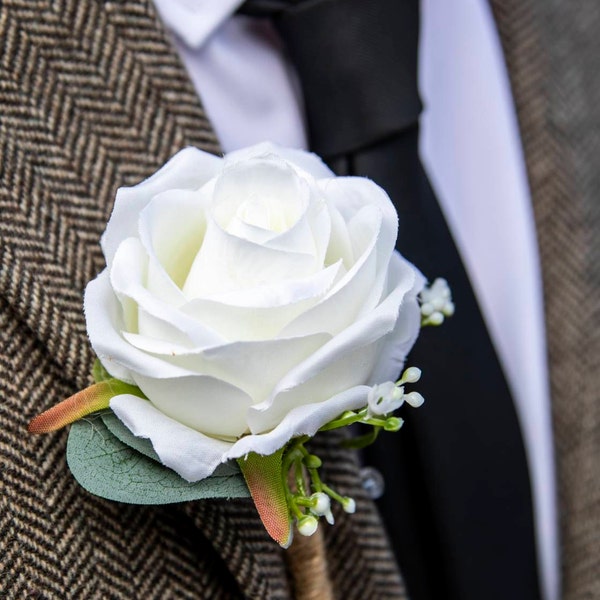 Ivory White Silk Rose Buttonhole: Classic Wedding Boutonniere - Etsy UK