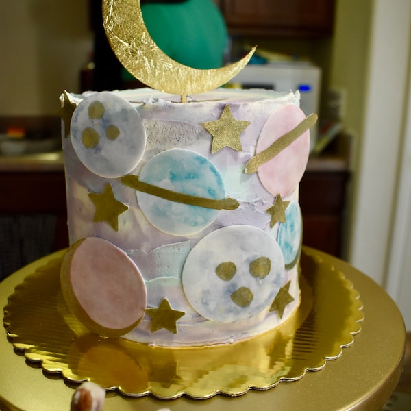 Edible Space Theme Planets and Stars Wafer Topper With Gold Accent ...