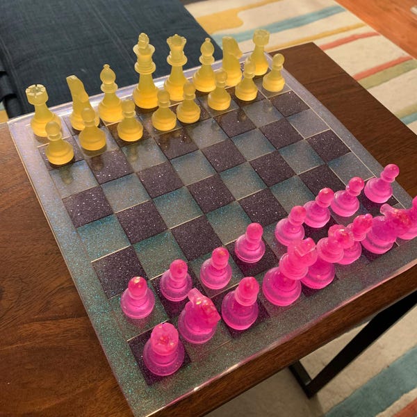 Glitter Resin Chess and Checkers Set | Enchanted Opal & Chunky Pink ...