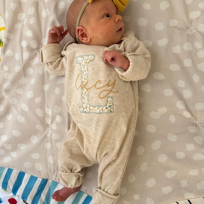 Personalized Baby Girl Romper and Hat Set, Vintage Floral Infant Coming Home Outfit, Baby Shower ...