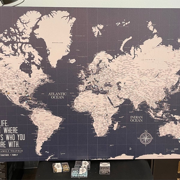 Navy Push Pin Travel Map World, Custom Push Pin World Map, Canvas Map ...
