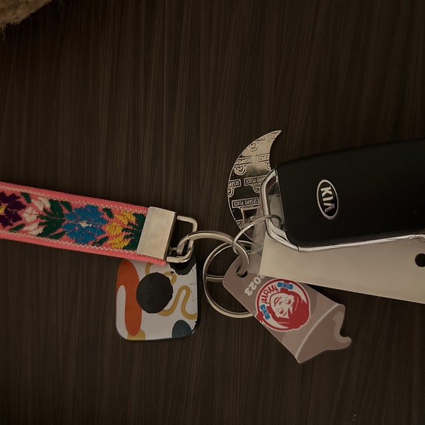 Minimalist Blue Floral Keychain, Fabric Print Key Fob, Boho Wristlet ...