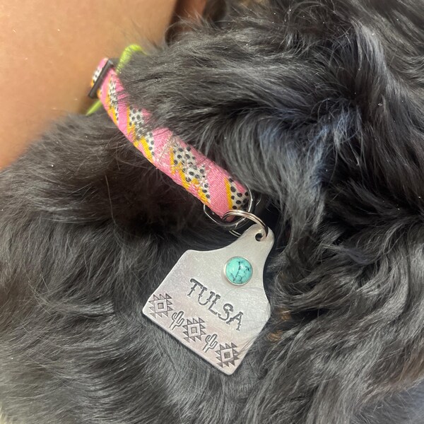 Custom Pet ID Tag With Turquoise - Southwestern Aztec Cactus Cattle Ear ...