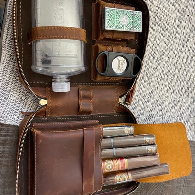 Leather Cigars Case With Flask Pocket, Personalized Leather Box for ...
