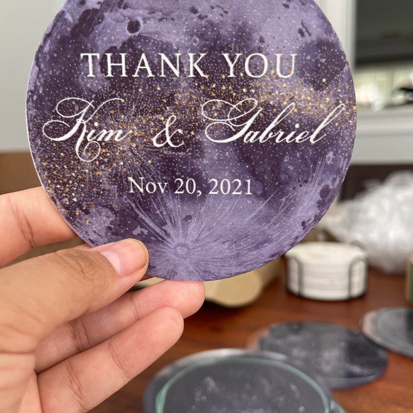 Wedding Favor Coasters, Moon Wedding Theme Personalized Names & Wedding ...