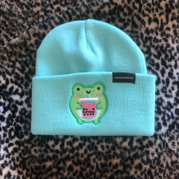 Boba Albert the Frog Embroidered Beanie Kawaii Bubble Tea Tapioca Pearls Cute Froggie Phrog ...