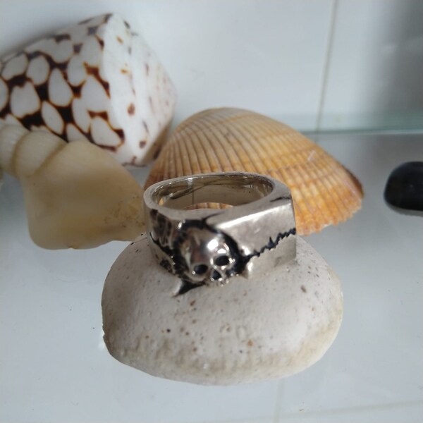 Rock Ring With Skull in Solid Sterling Silver and Oxidised Textures - Etsy