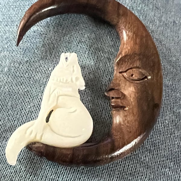 Howling Wolf Inside Crescent Moon, Buffalo Bone and Sono Wood Carving ...