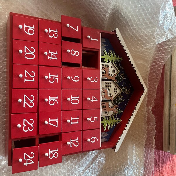 Personalized Light-up Wooden Advent Calendar: Red Festive Scene ...