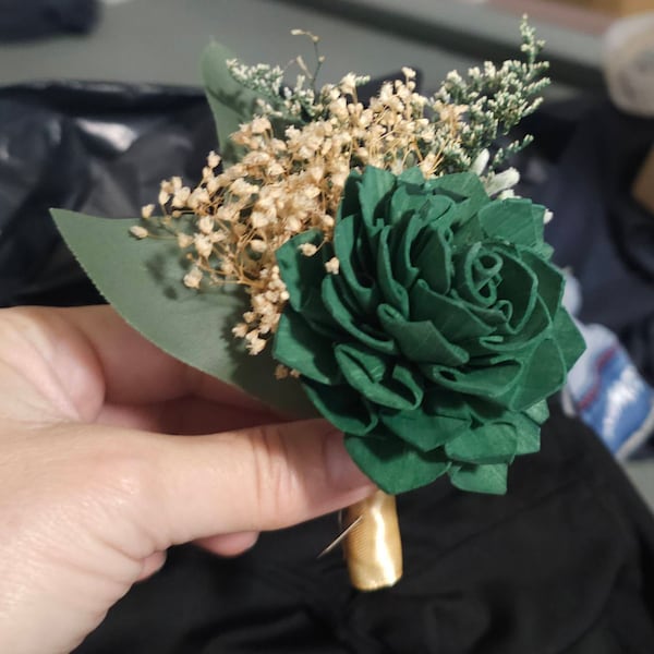 Dark Green and Gold Boutonniere, Emerald Dahlia Buttonhole, Groom and ...