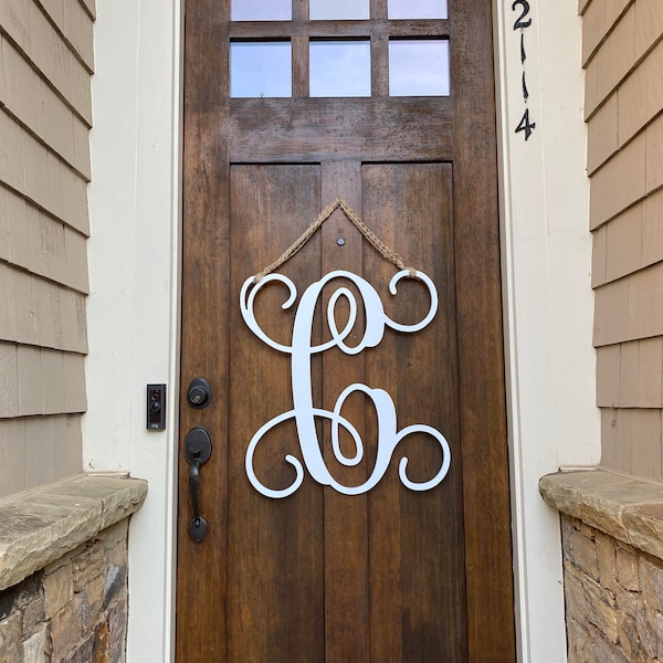 Initial Door Hanger Wooden Letter - Monogram Front Door Hanger ...