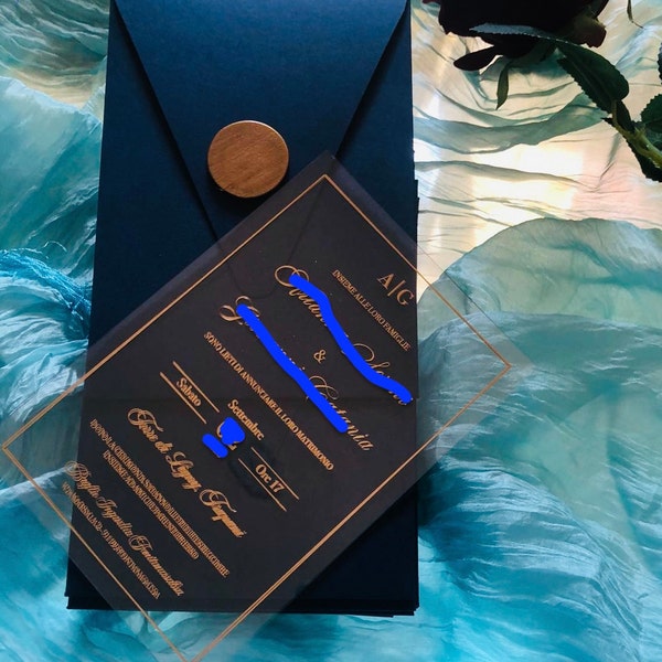 Blue Foil Acrylic Wedding Invitation: Floral Embellishments - Etsy
