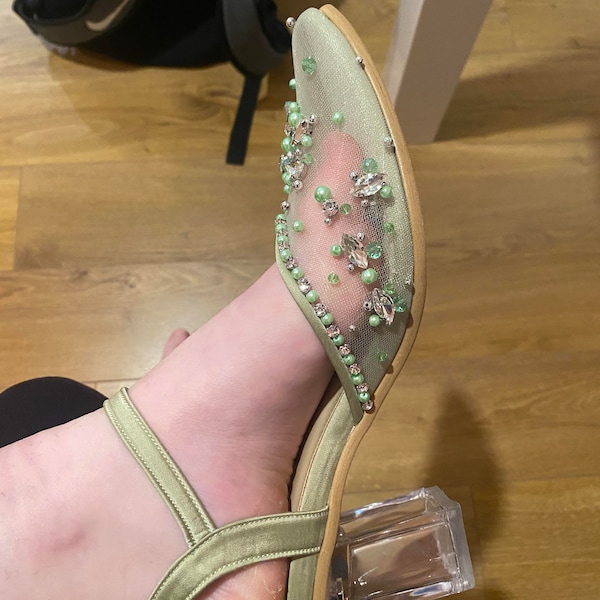 Sage Green Pointed Toe Beaded Party Shoe, Elegant Embroidery Wedding ...