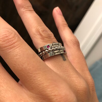 Engraved Stacking Name Ring With Birthstone, Personalized Stackable ...