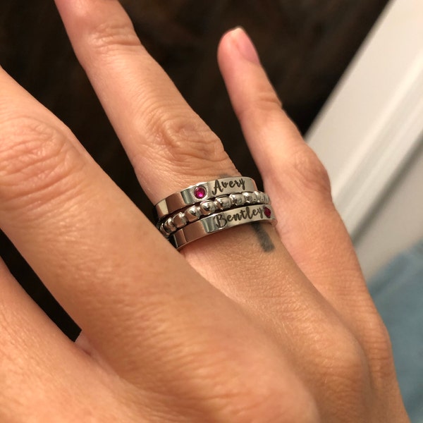 Engraved Stacking Name Ring With Birthstone, Personalized Stackable ...