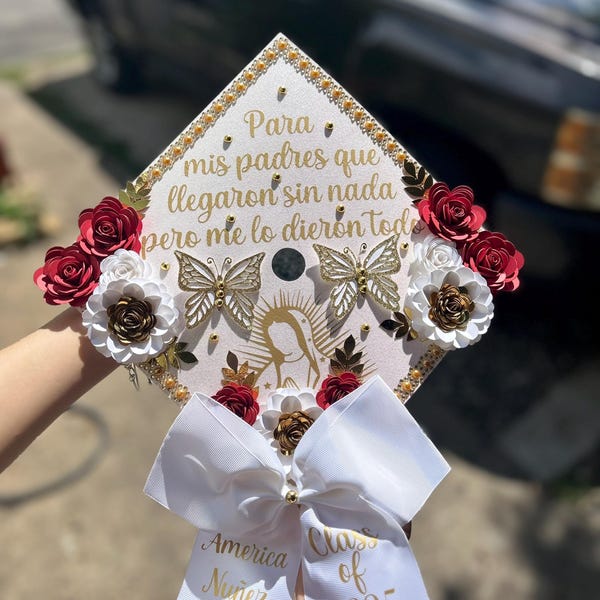 Blue Graduation Cap Topper, Paper Flower Grad Cap, Gold Beaded ...