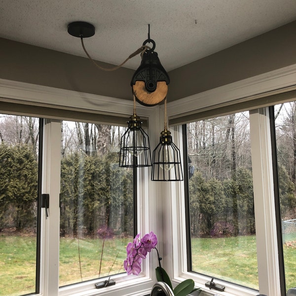 Rustic Farmhouse Pulley Lighting, Pendant Light With Antique Pulley for ...