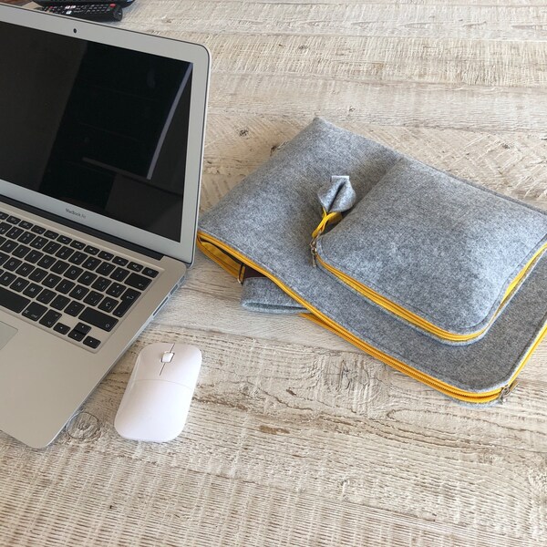 FELT LAPTOP SLEEVE Yellow Zipper Gray Felt MacBook Cover Corner Zipper ...