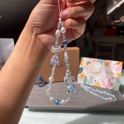 Cute Bluebell Bead Phone Charm Pink Crystal Star Phone Keychain Camera ...