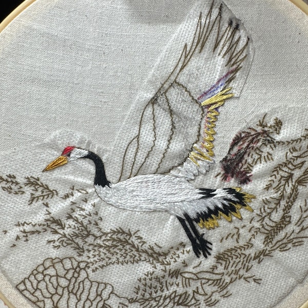 Japanese Crane Bird Embroidery Pattern, Animal Hand Embroidery Design ...