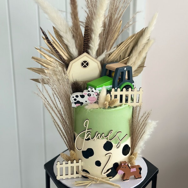 Farm Yard Barn Theme Cake Topper Set - Picket Fence, Tractor, Name Cake ...