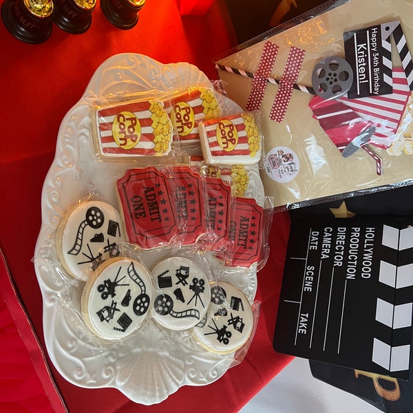 1 Dozen Movie Night Themed Decorated Cookies Reel Film Strip Popcorn ...