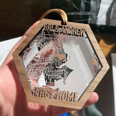 Personalized Engraved Map Wooden and Acrylic Hexagon Ornament - Etsy