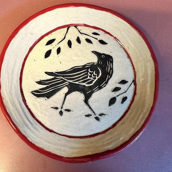 Crow or Raven Spoon Rest, Sgraffito Crow Spoon Rest, Black and White ...