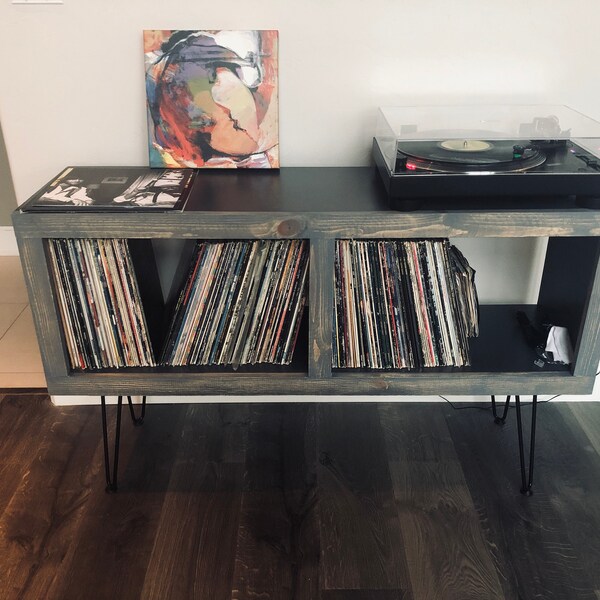 Mid Century Modern Record Player Stand & Vinyl Storage Cabinet With ...