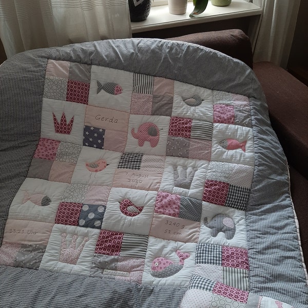 Krabbeldecke mit Namen, Babydecke, Krabbeldecke mit Namen Frieda Patchworkdecke, personalisiert ...