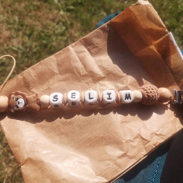 Personalized Silicone Pacifier Clip LION - Light Brown Beige Wood - Boy ...