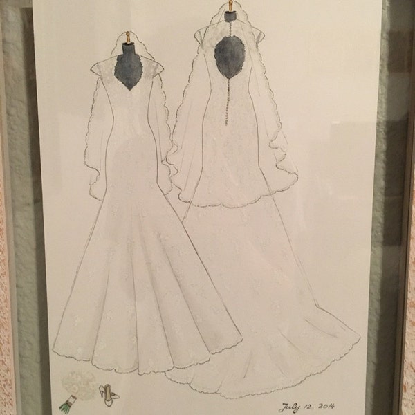 Custom Wedding Dress Sketch Front and Back, Wedding Dress Hand Drawing ...