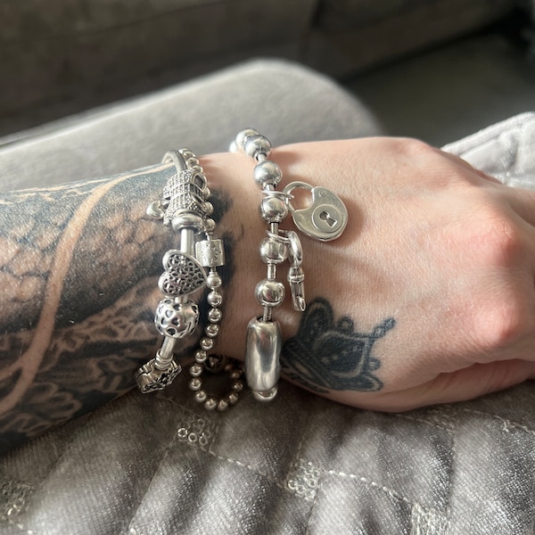 Womens Chunky Padlock and Key Ball Chain Bracelet, Silver Ball Chain ...