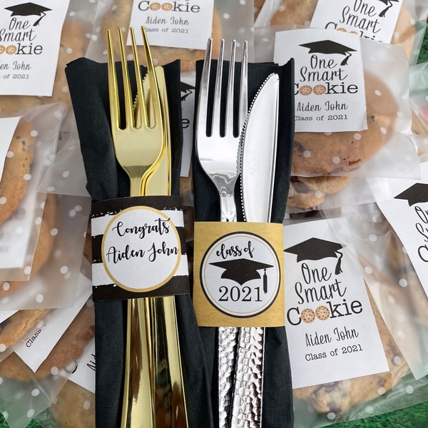 Editable Graduation Napkin Wrapper in Gold Black, Graduation Silverware ...
