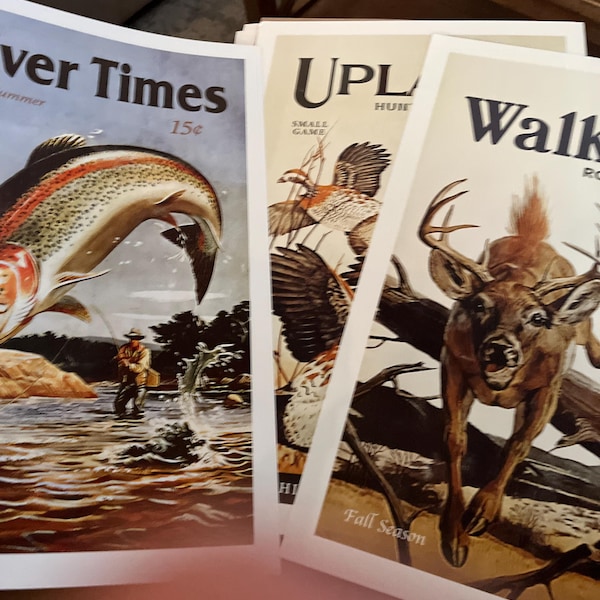 Retro Wildlife Prints Hunting + Fishing Art Poster Set of 3 Wildlife ...