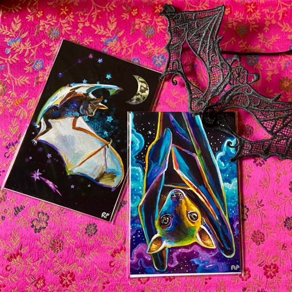 Cute Mini Bat Art Print; Macabre Bookshelf Art, 4x6 Psychedelic Bats ...