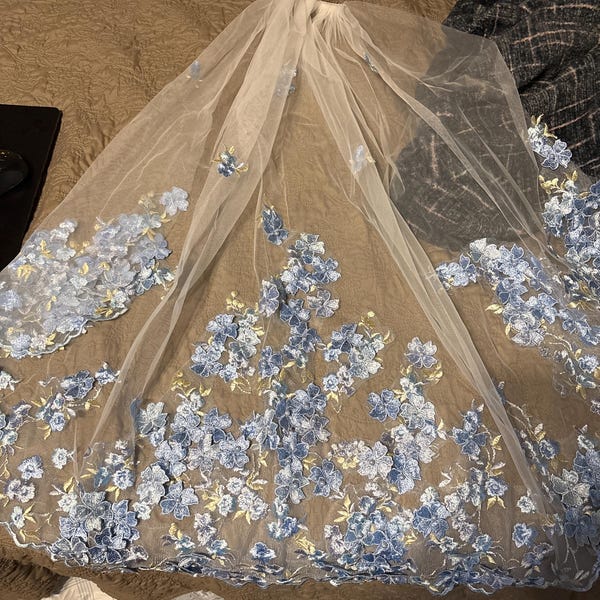 Soft Tulle Blue Flower Lace Wedding Veil, Blue Flowers With Pearls ...