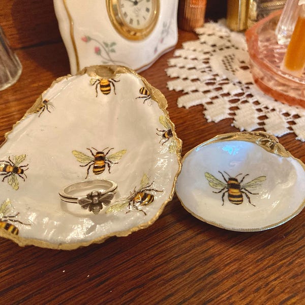 Bumble Bee Decoupage Oyster Shell - Gold and White Ring Dish, Painted ...